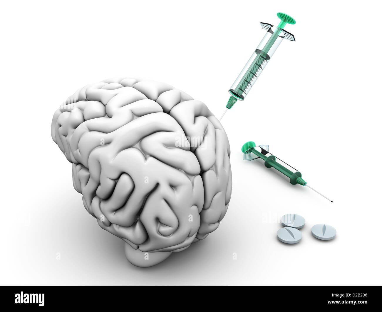 Brain medication. Pills and syringes and a human brain Stock Photo - Alamy