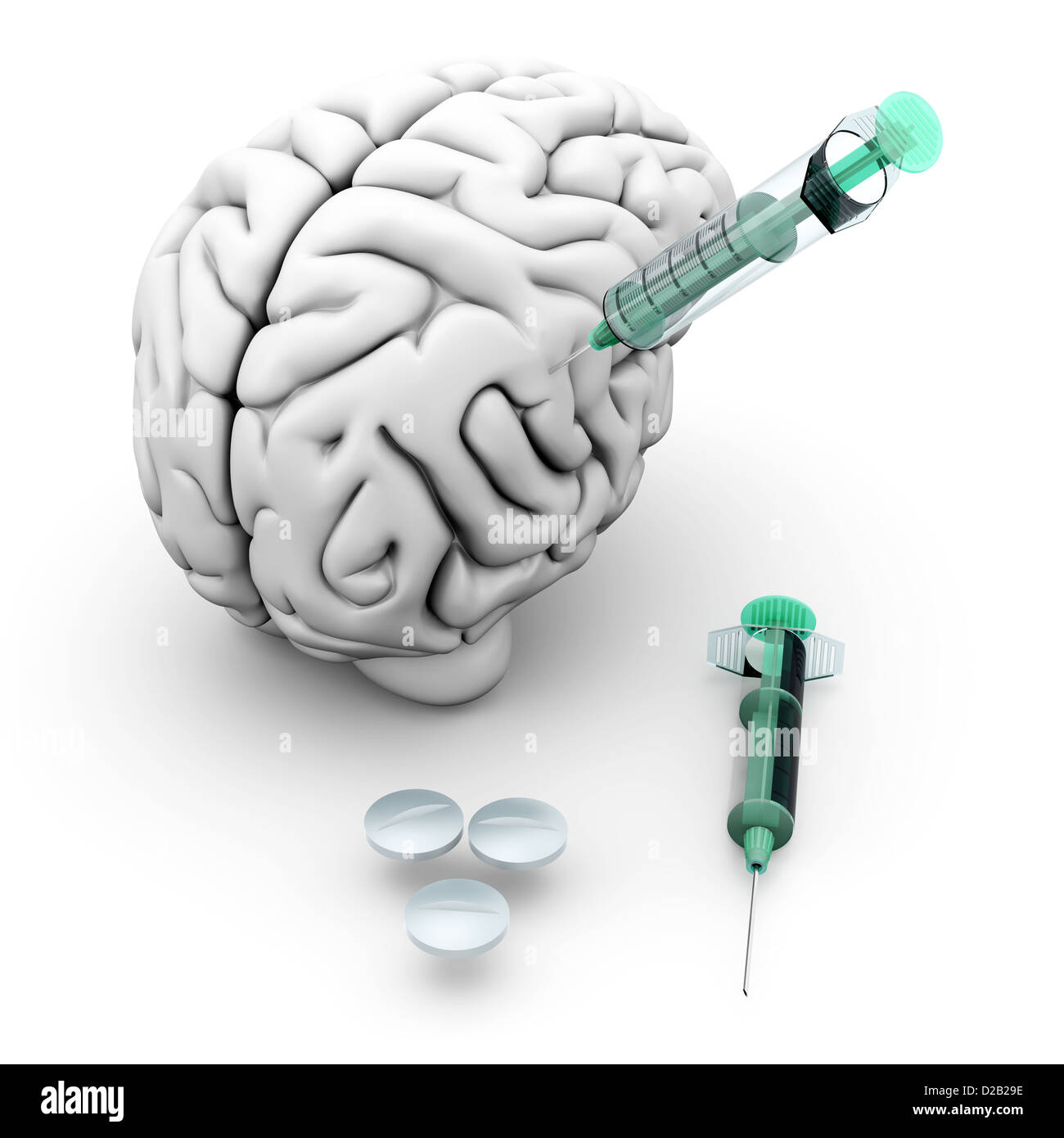 Brain medication. Pills and syringes and a human brain Stock Photo - Alamy