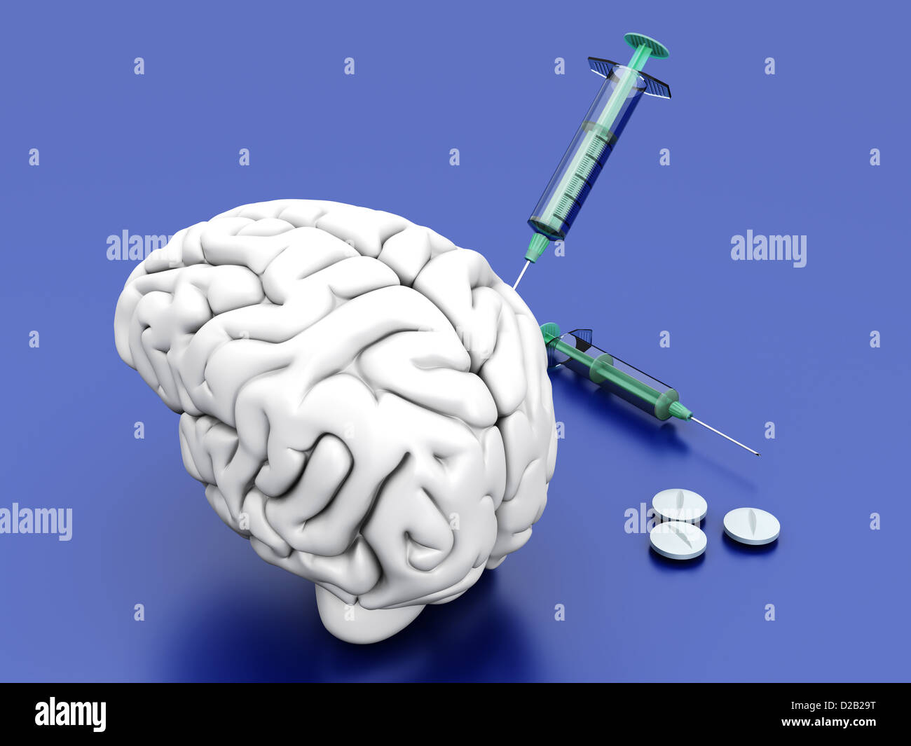 Brain medication. Pills and syringes and a human brain Stock Photo - Alamy
