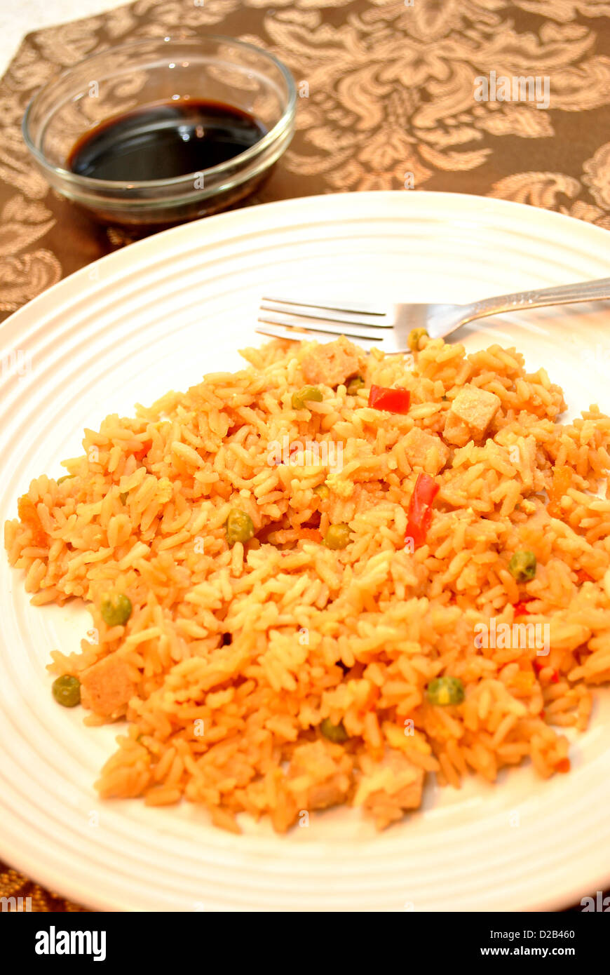 Chicken Fried Rice on a White Plate Stock Photo - Alamy