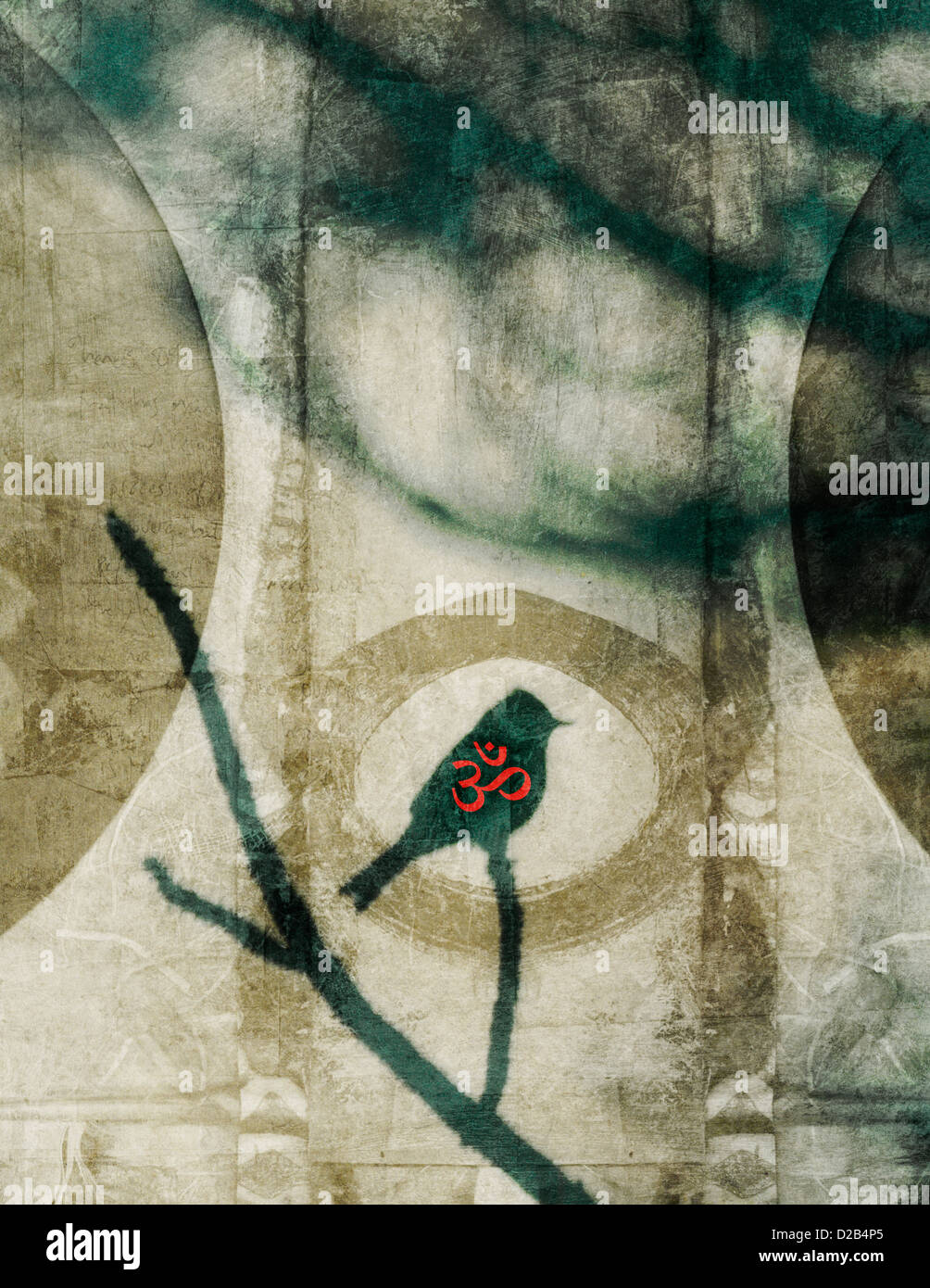 A little bird with the OM symbol in red overlaid with abstract shapes ...