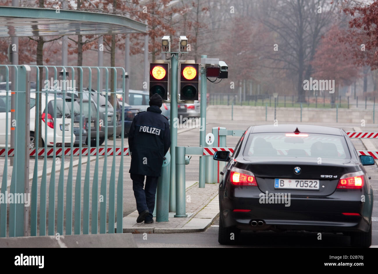 Berlin, Germany, police check at the gate of the Federal Chancellery ...