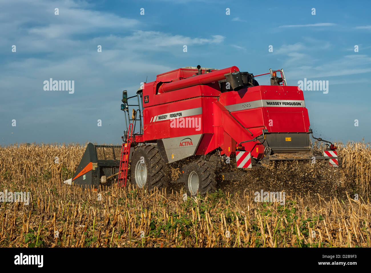 Combined harvester harvesting a crop of maize in a rural environment ...