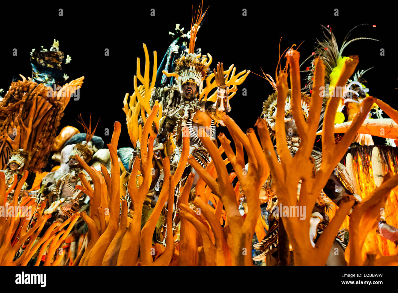Dancers of Mocidade samba school perform atop a float during the ...