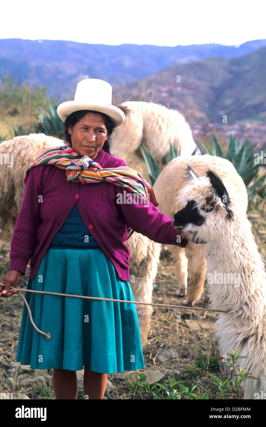 Peru, Cuzco. Inca Woman With Llamas Stock Photo - Alamy