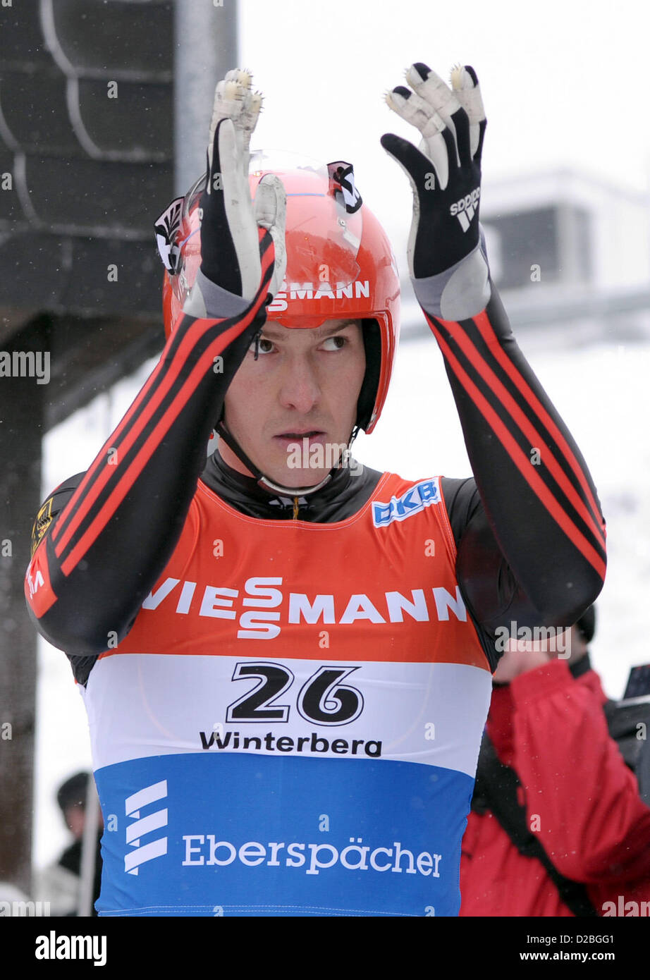 Winner David Moeller of Germany cheers at the Luge World Cup in ...