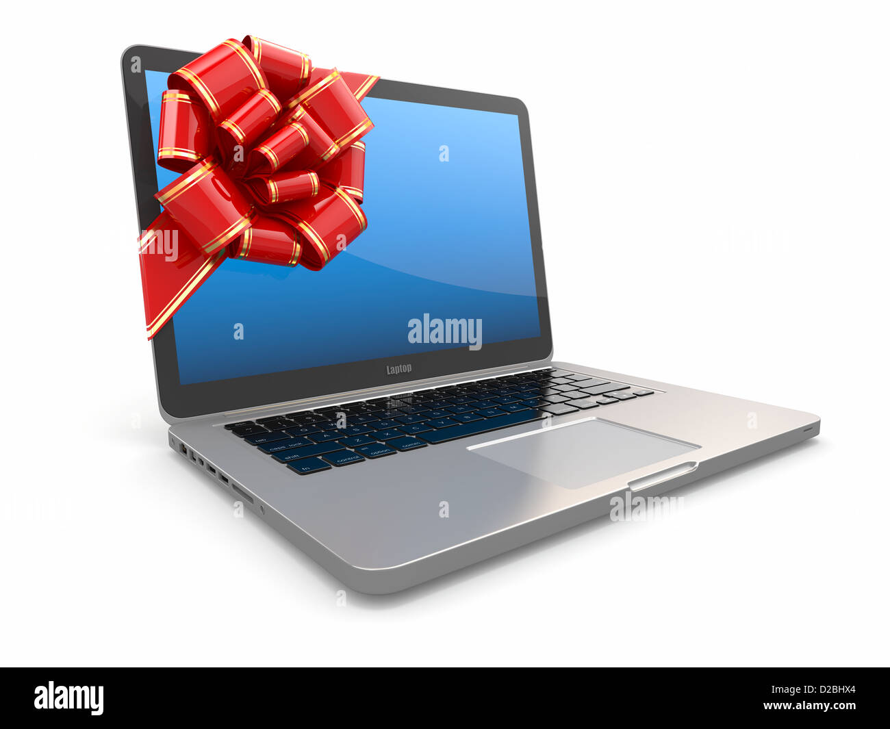 Laptop gift. Bow and ribbon on screen. 3d Stock Photo - Alamy