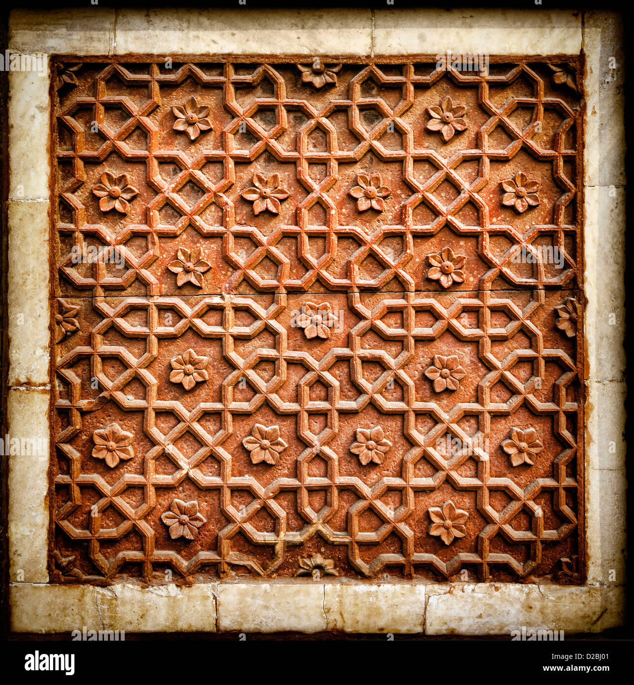 Decorative detail of stone carving in Agra Fort. Agra, Uttar Pradesh ...