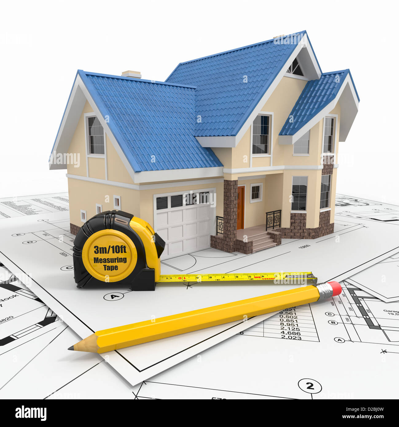 Residential house with tools on architect blueprints. Housing project ...
