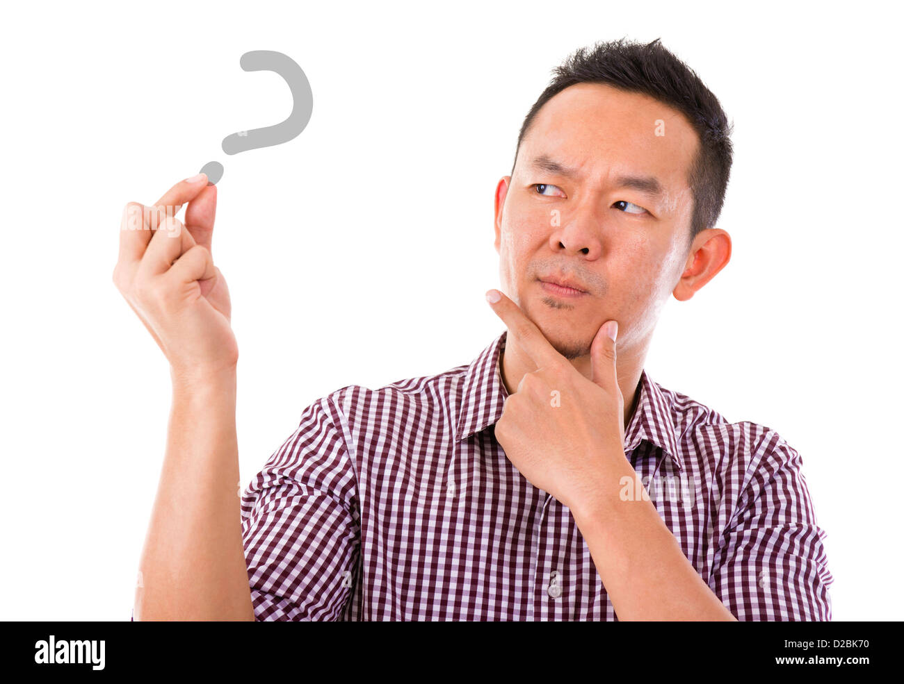 Asian man hand holding blank sign with unsure face expression, isolated ...