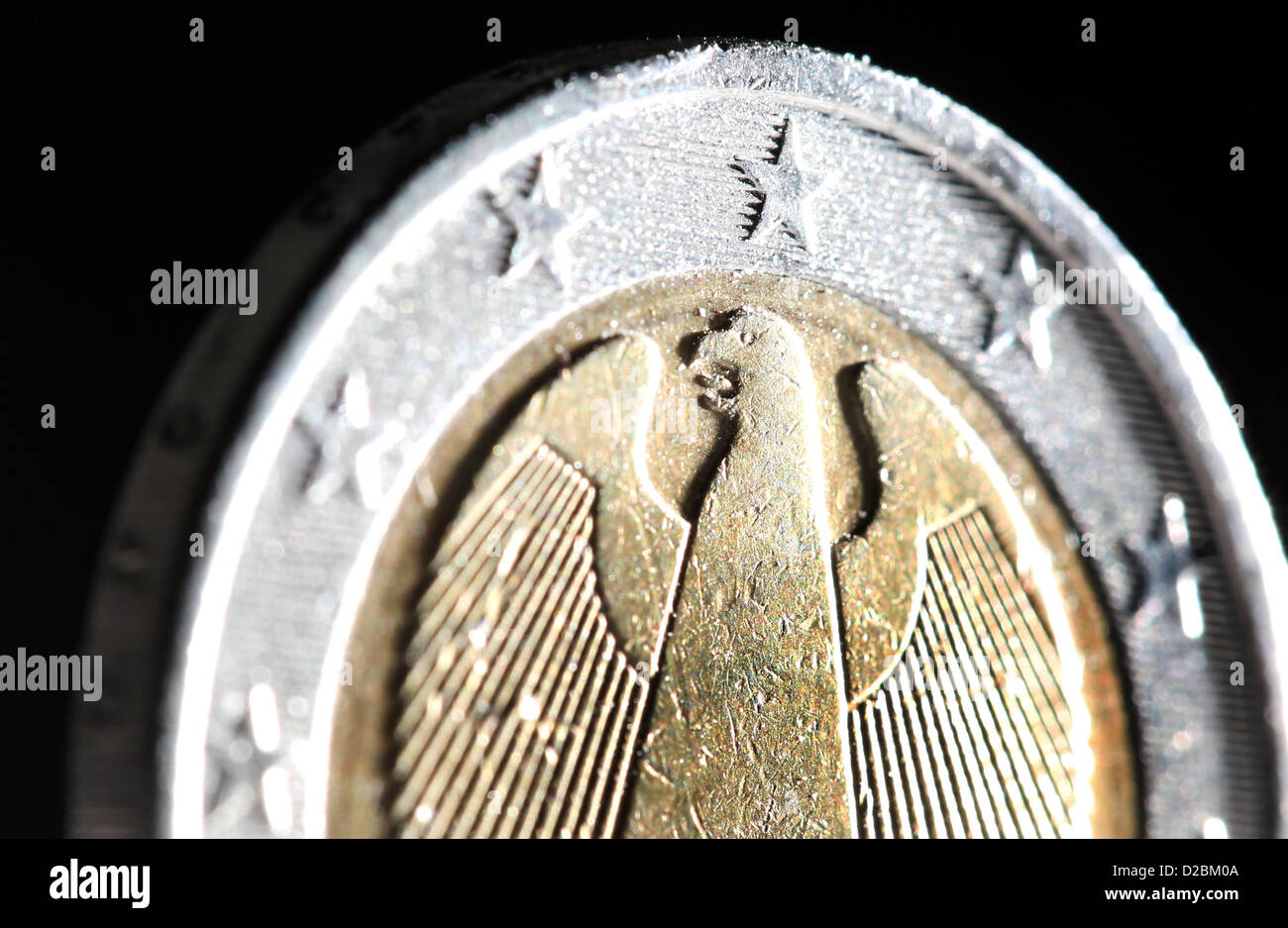 The German federal eagle is displayed on a two-euro coin in Duesseldorf ...