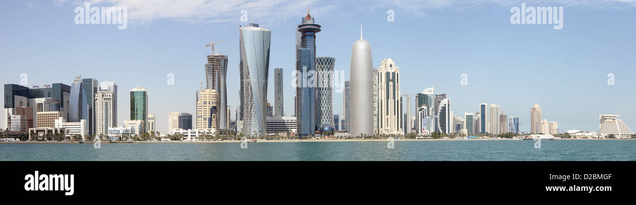 A panoramic view of the high-rise area of Doha, Qatar, from the sea ...
