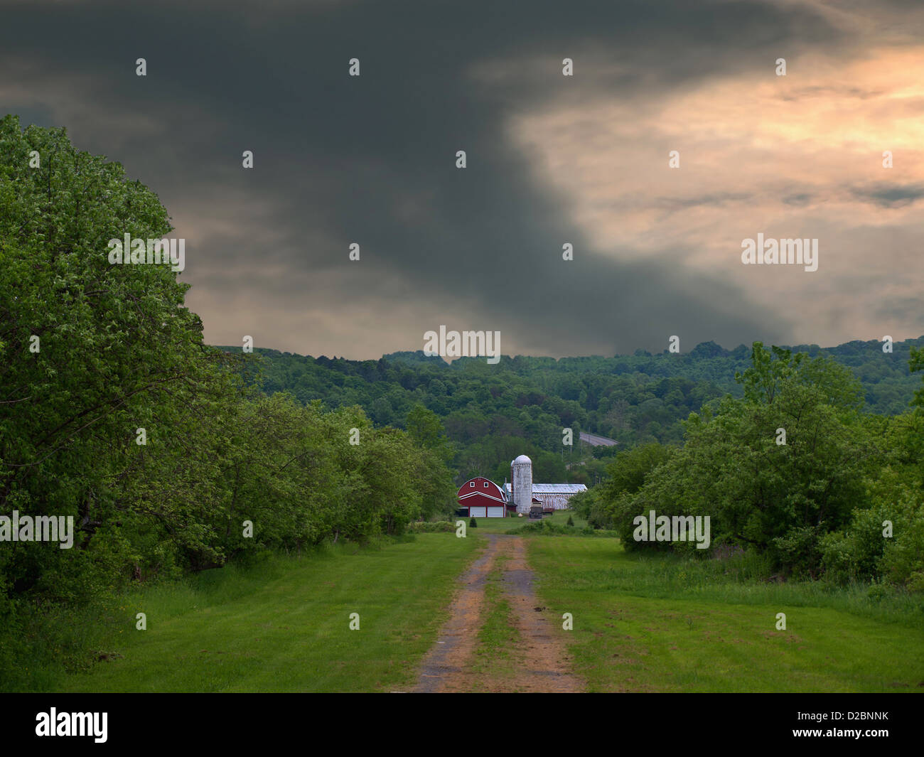 distant tornado and apple farm scene Stock Photo - Alamy