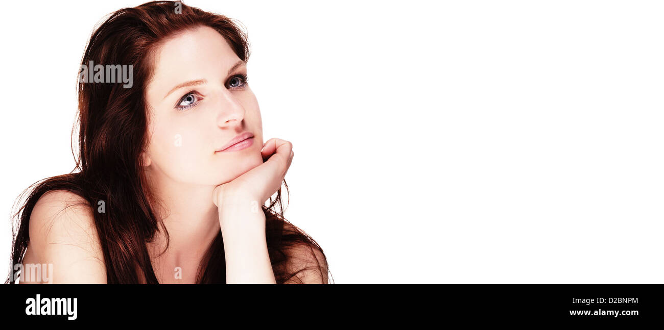 portrait of a beautiful dreaming woman on white background Stock Photo ...