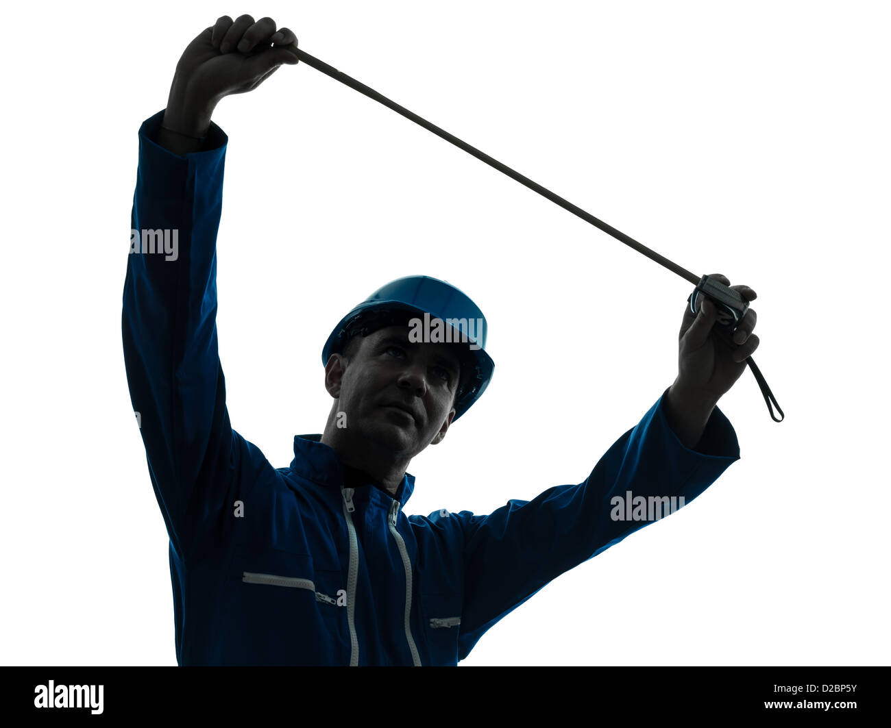 one man construction worker Tape Measure silhouette in studio on white ...