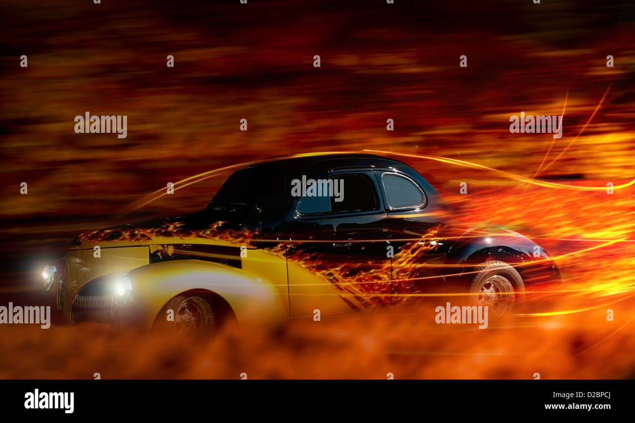 classic hot rod speeding through the night depiction Stock Photo - Alamy