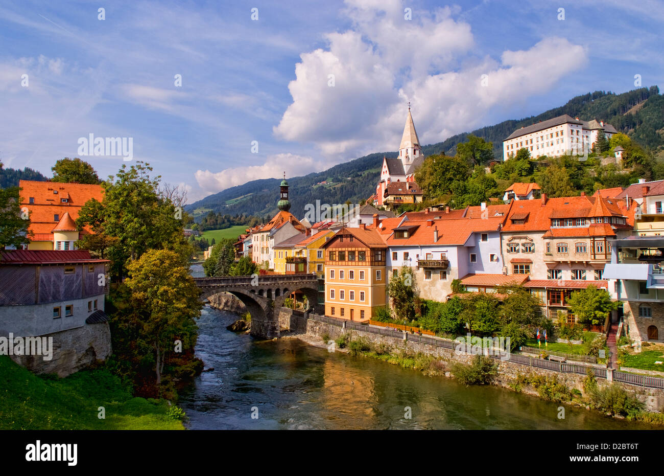 Town Of Murau, Austria Downtown And Churches And Mur River Stock Photo ...