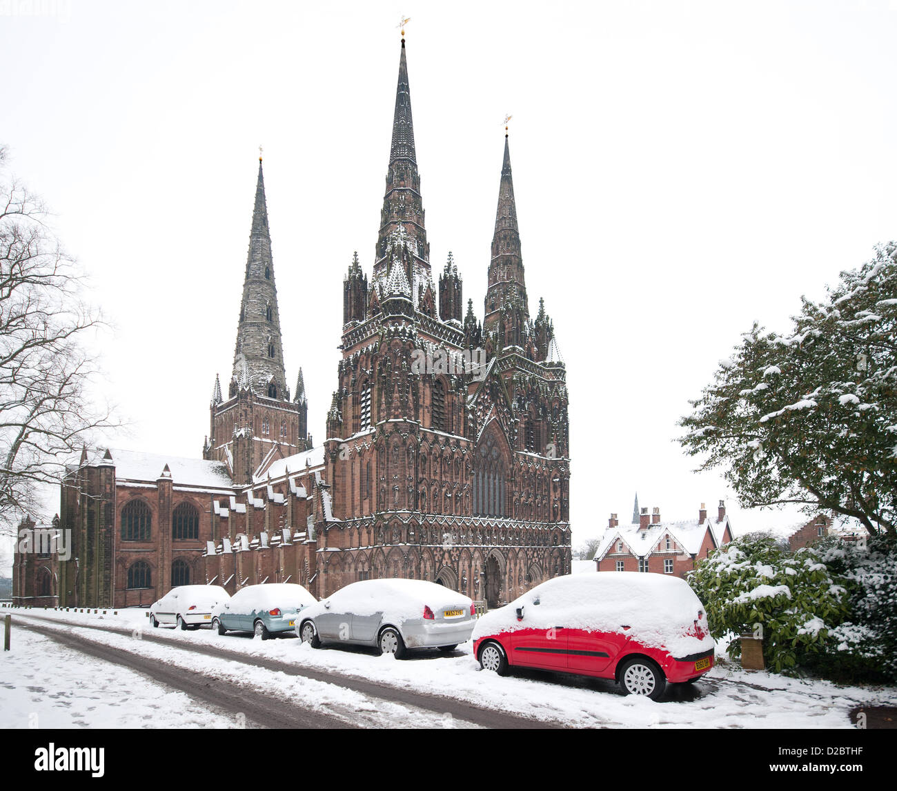 Lichfield Cathedral Staffordshire, UK with three spires in snow on ...