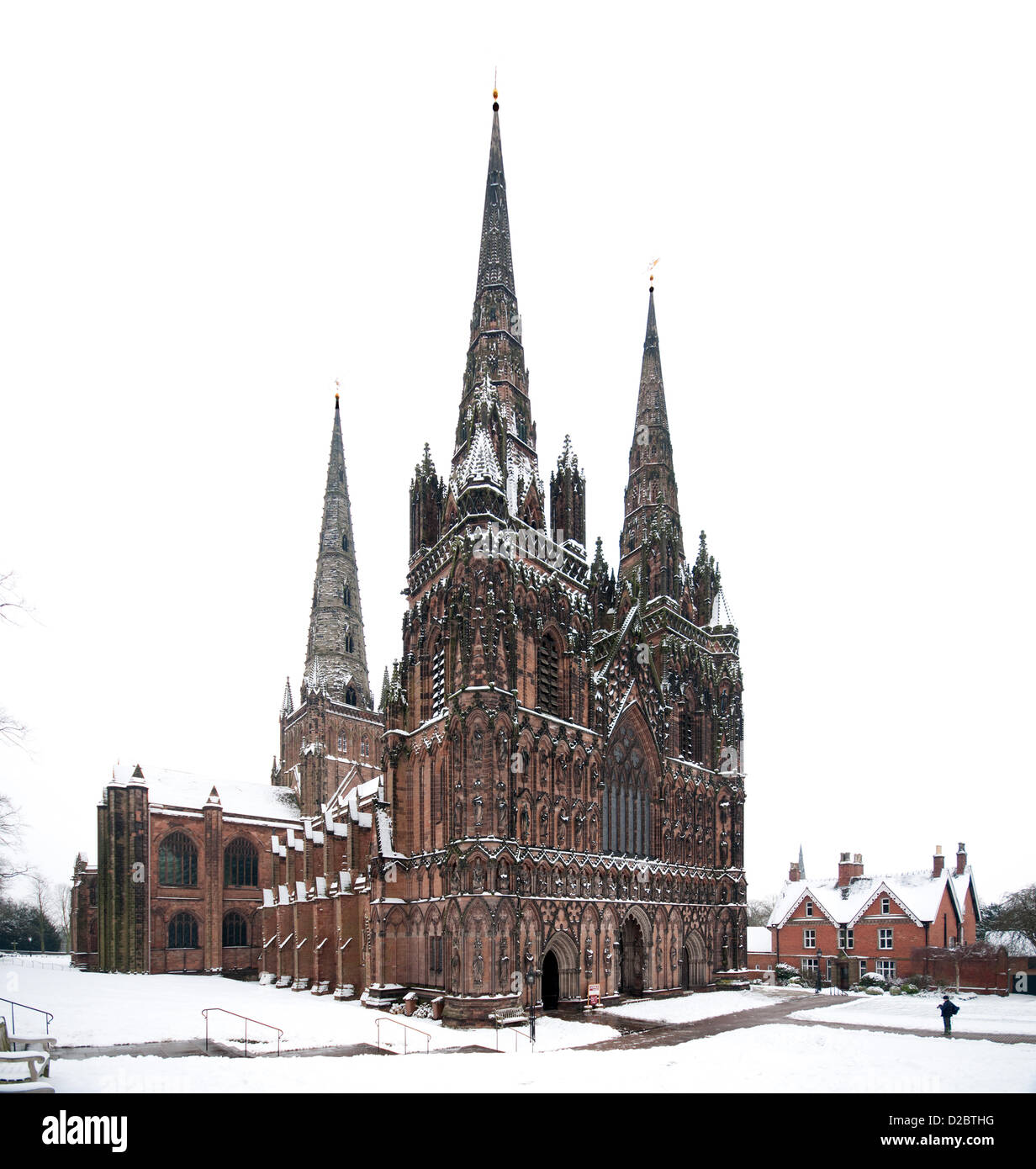 Lichfield Cathedral Staffordshire, UK with three spires in snow on ...
