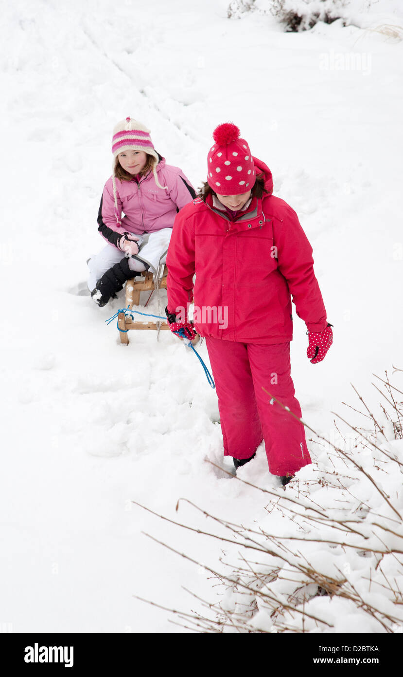 Young children playing with a sledge in the snow winter Stock Photo - Alamy