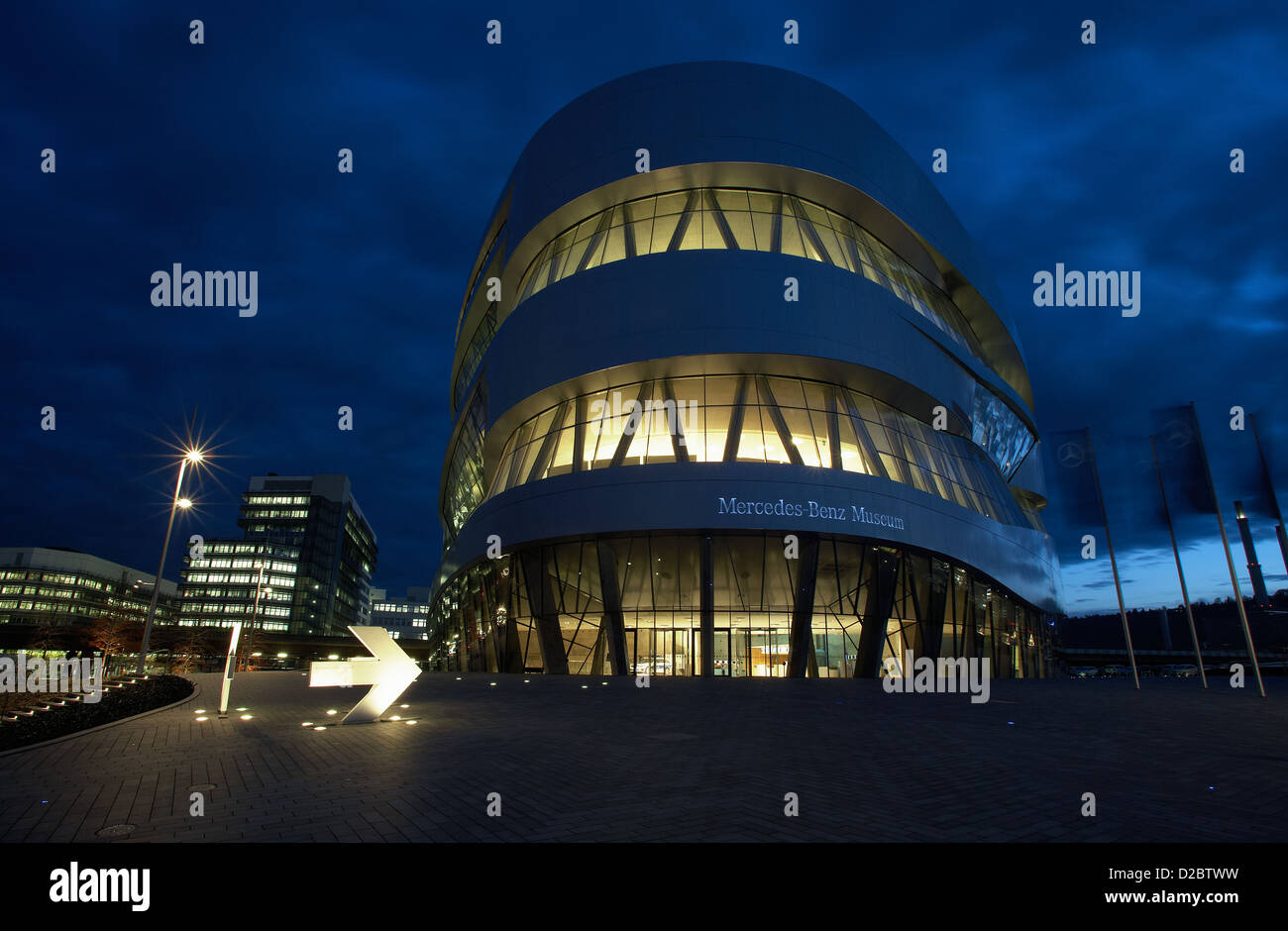 Stuttgart, Germany, the illuminated Mercedes-Benz Museum in the evening ...