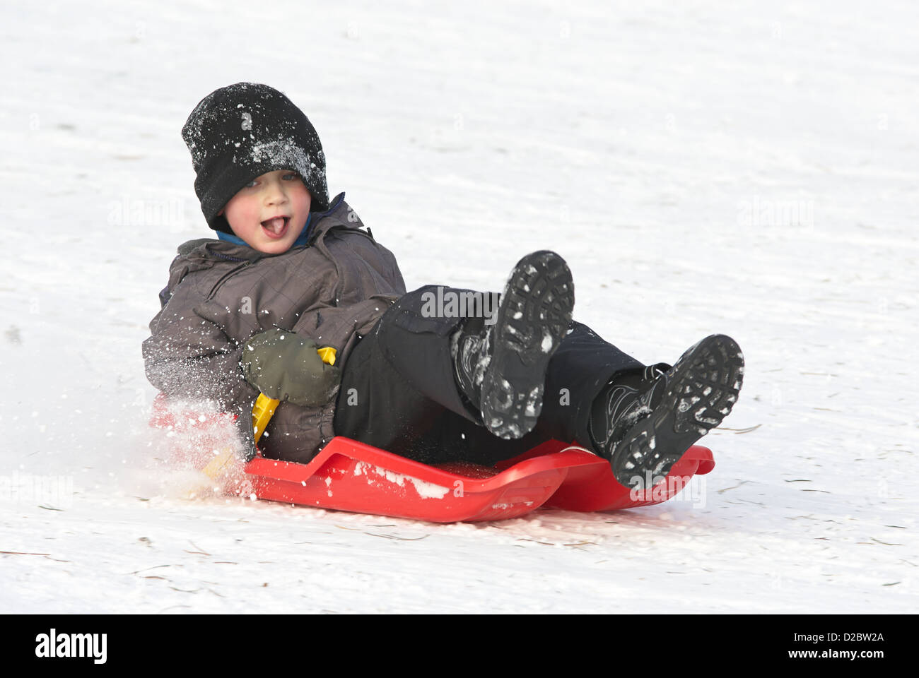 Child Boy (6-8) on a bob sledge, snow, wintertime Stock Photo - Alamy