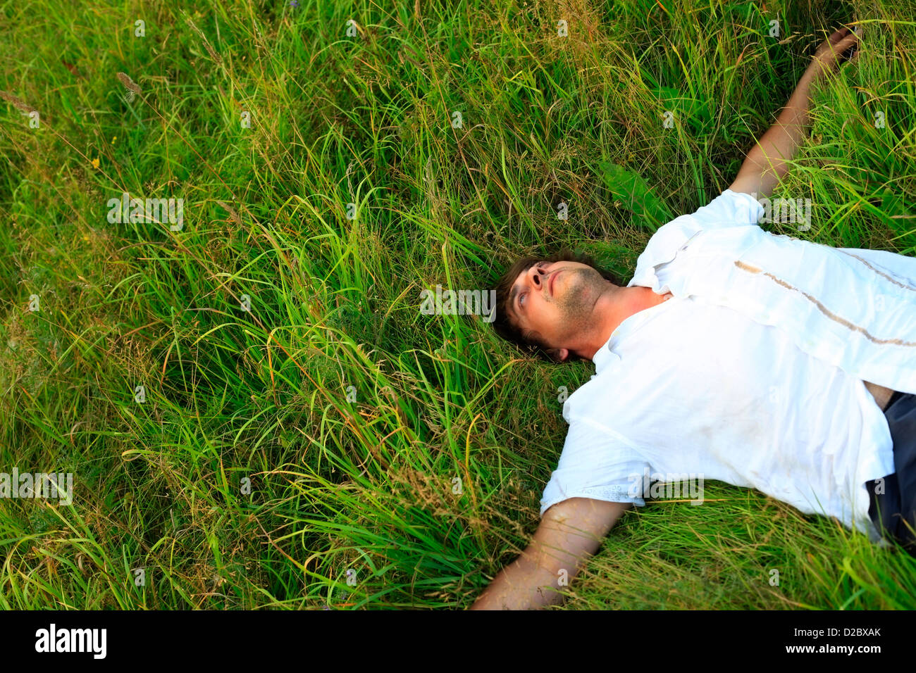 Adult the man weakening in a grass Stock Photo - Alamy