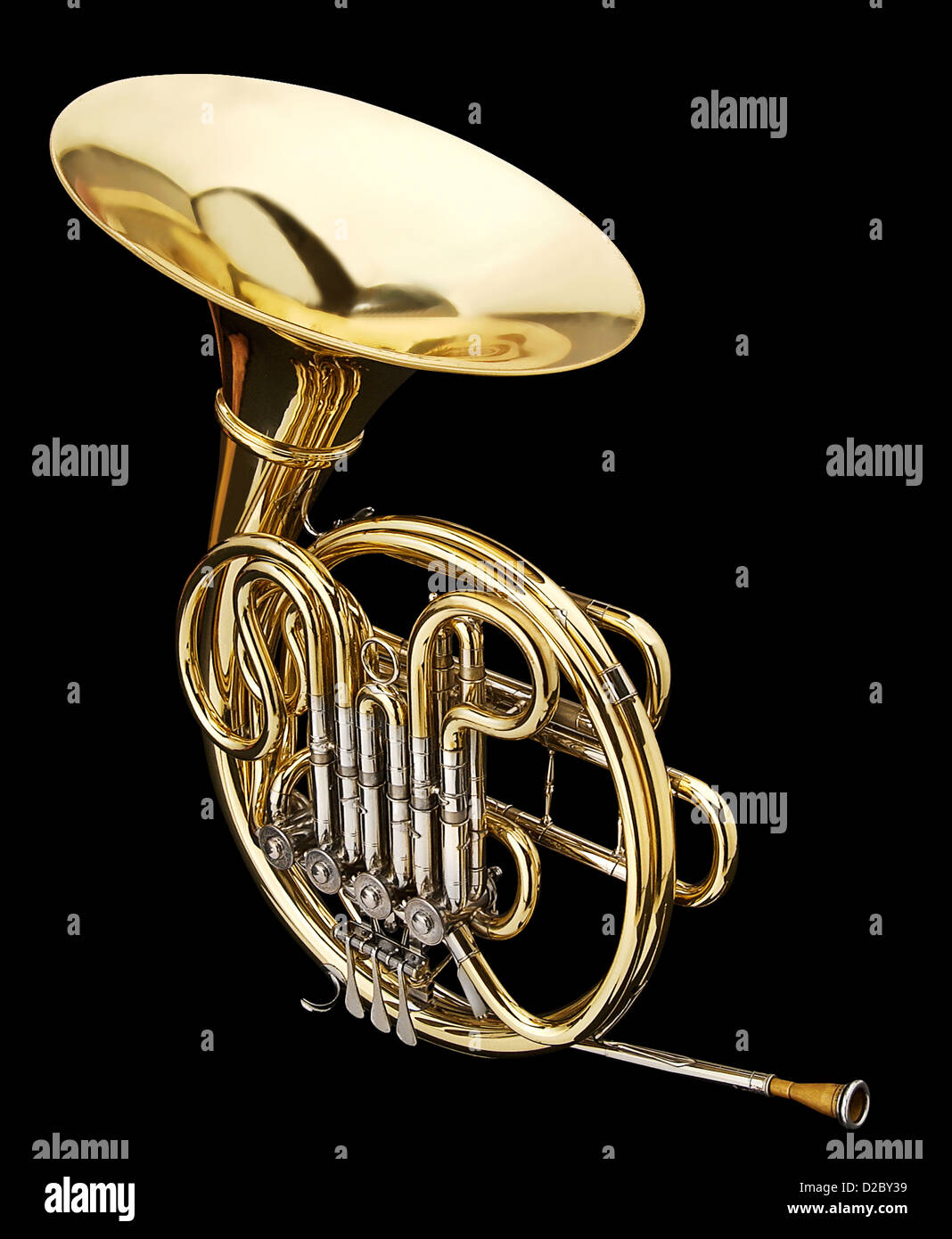 French horn, wind instrument. On a black background Stock Photo - Alamy