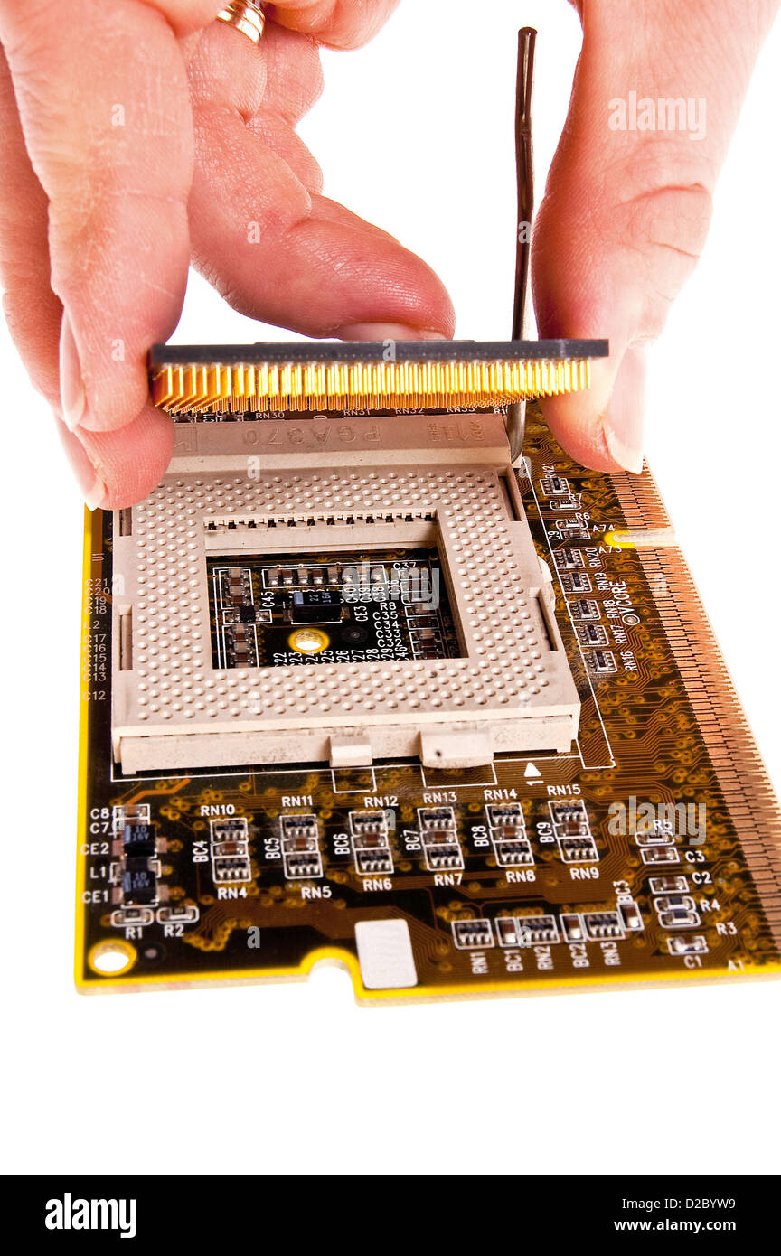 Installing computer CPU on the electronic board Stock Photo - Alamy
