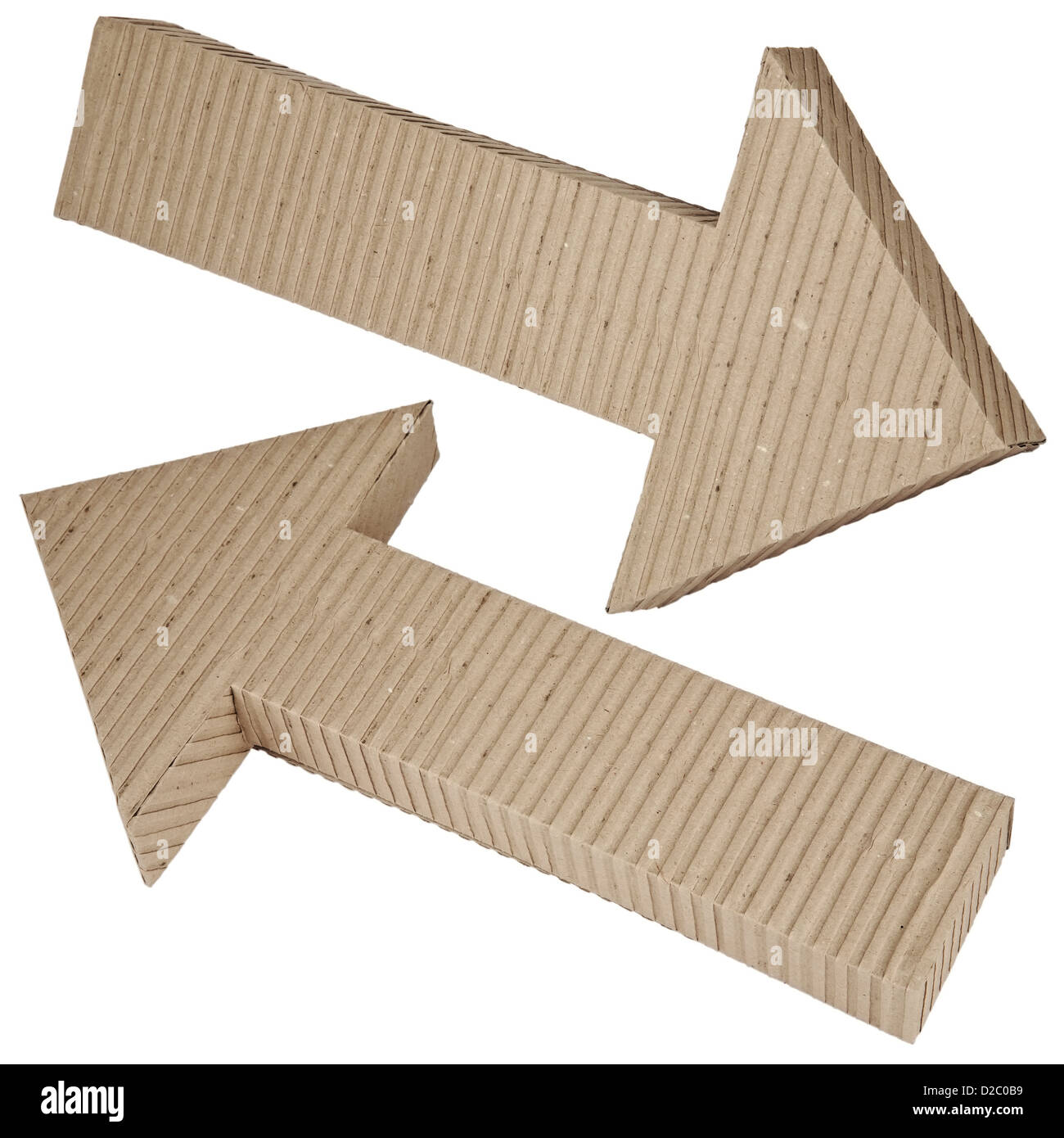Corrugated cardboard arrow pointing upwards and the left and pointing ...