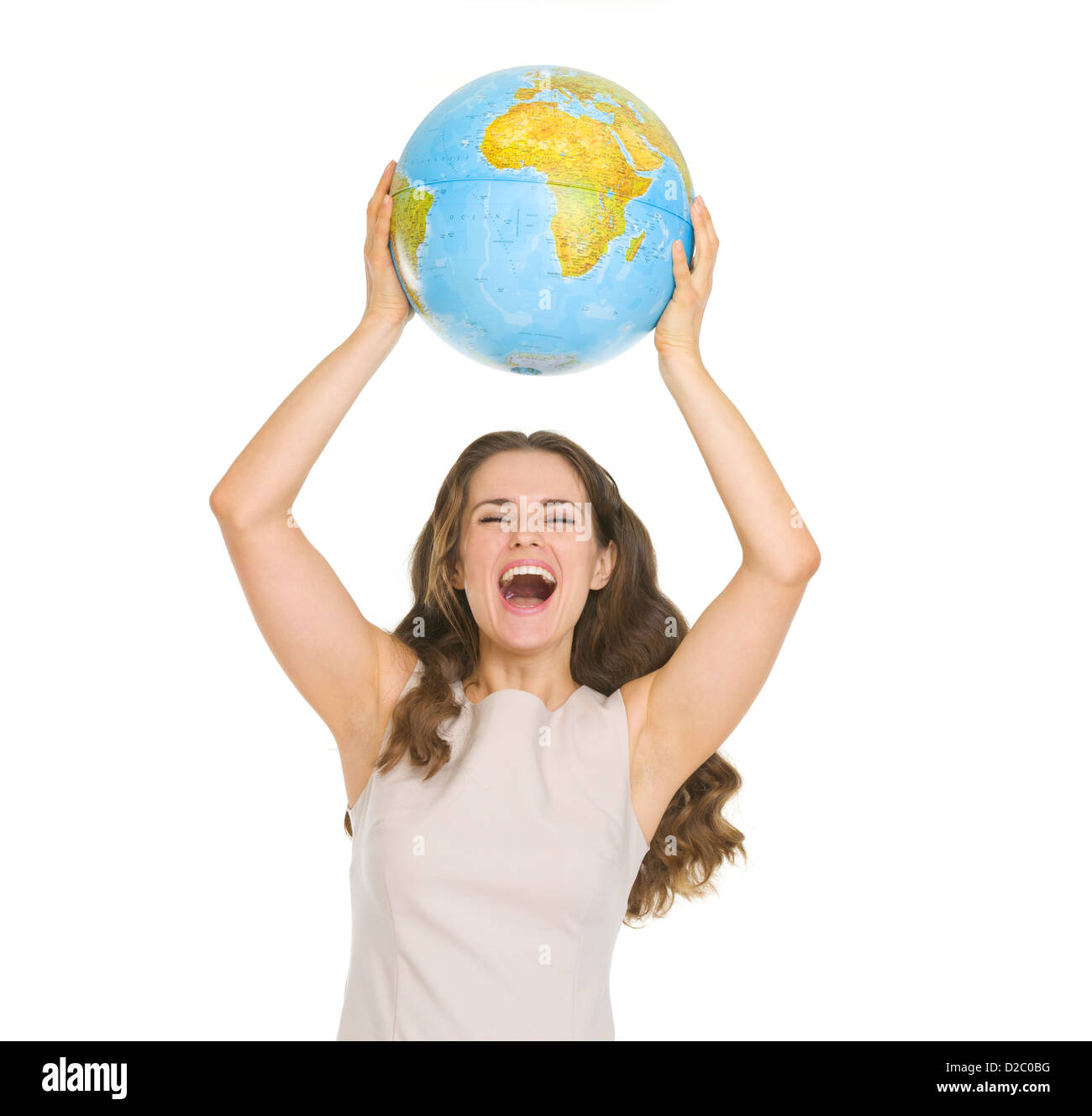 Happy young woman rising up globe Stock Photo - Alamy