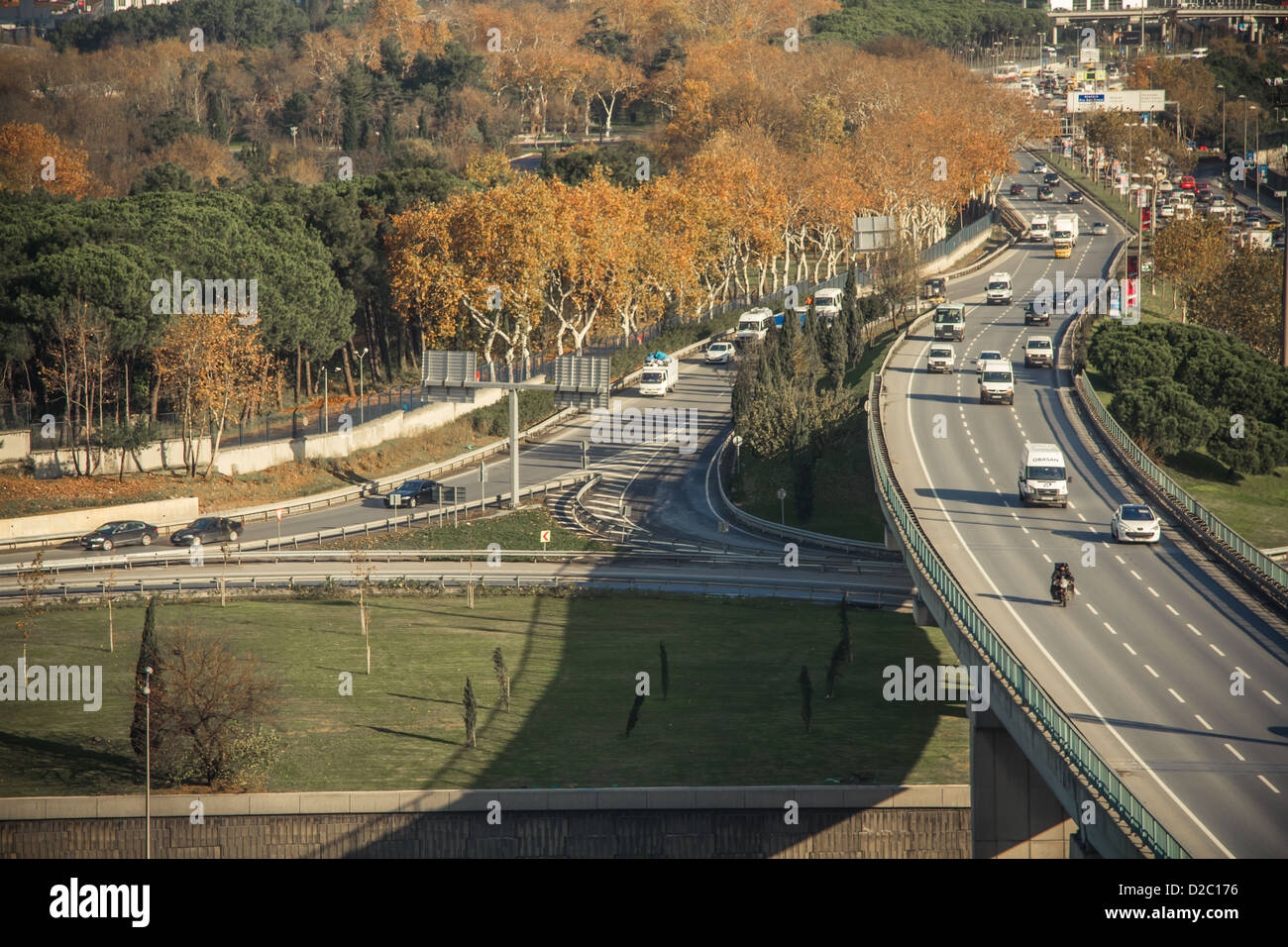 High angle view of two way highway traffic in Istanbul, Turkey Stock ...