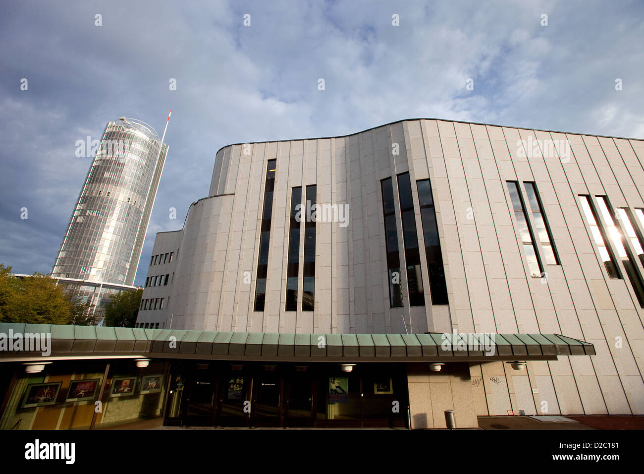 Essen, Germany, the Aalto-Theater, in the background of the RWE Tower ...