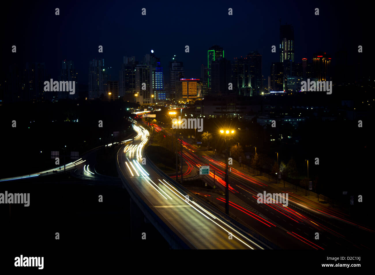 Night view of modern skyscrapers and intense traffic of Maslak in ...