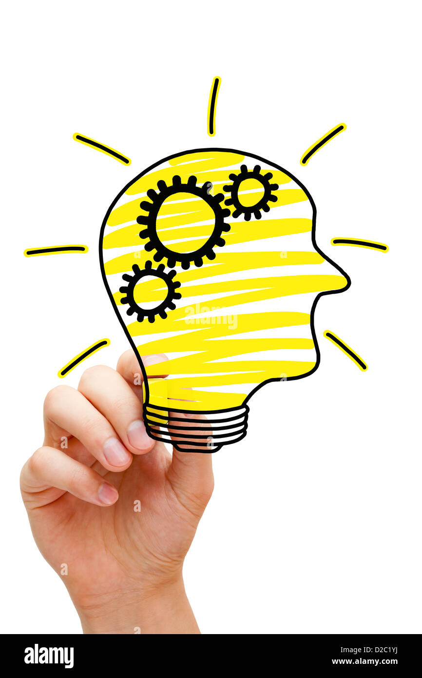 Male hand drawing human head in the shape of a light bulb on ...