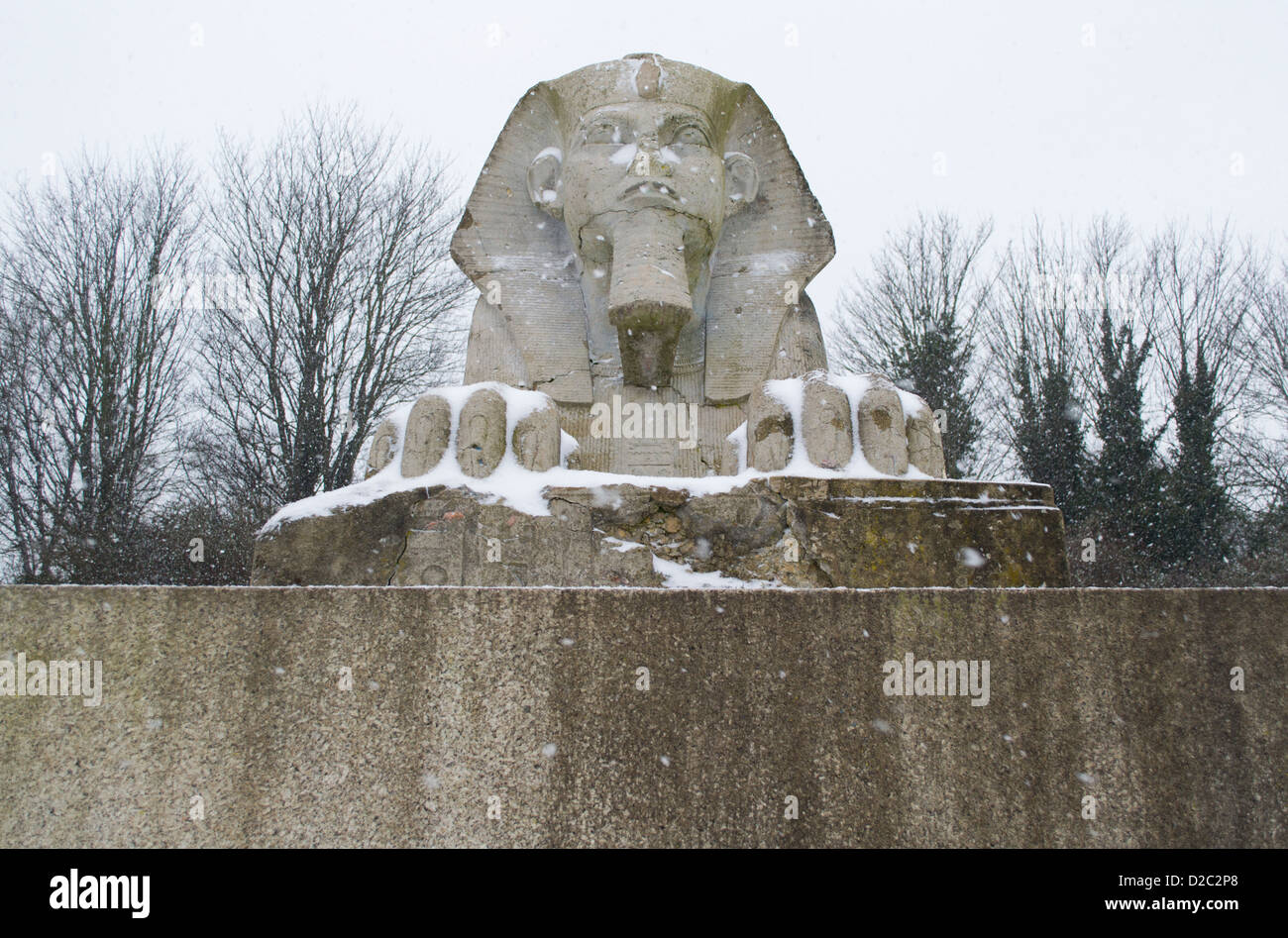 Snow covered stone sphinx in Crystal Palace Park Stock Photo - Alamy