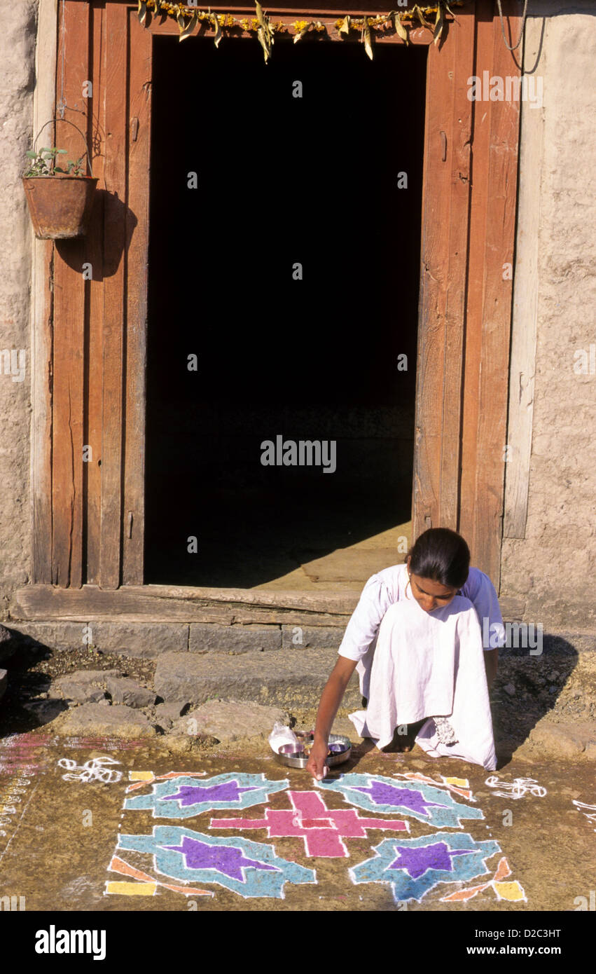 India. Diwali Deepawali Festival. Girl Making Rangoli Pattern Stock ...
