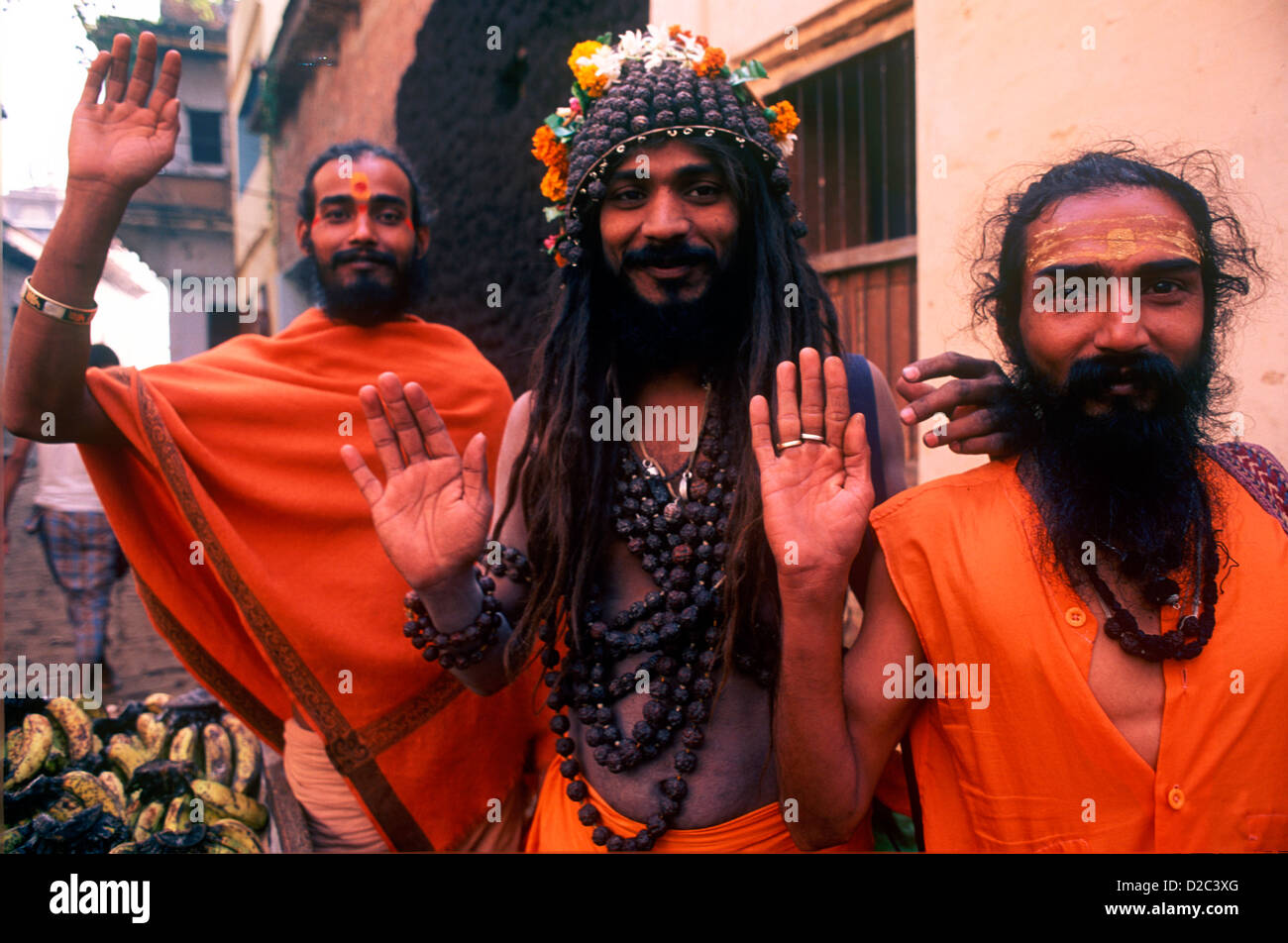 Three Indian Sadhu Priests Giving Blessing Smile Near Holy River Ganges ...