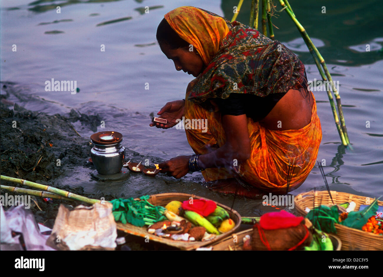 One Indian Woman Doing Puja Prayers On Banks Holy River Ganges In ...