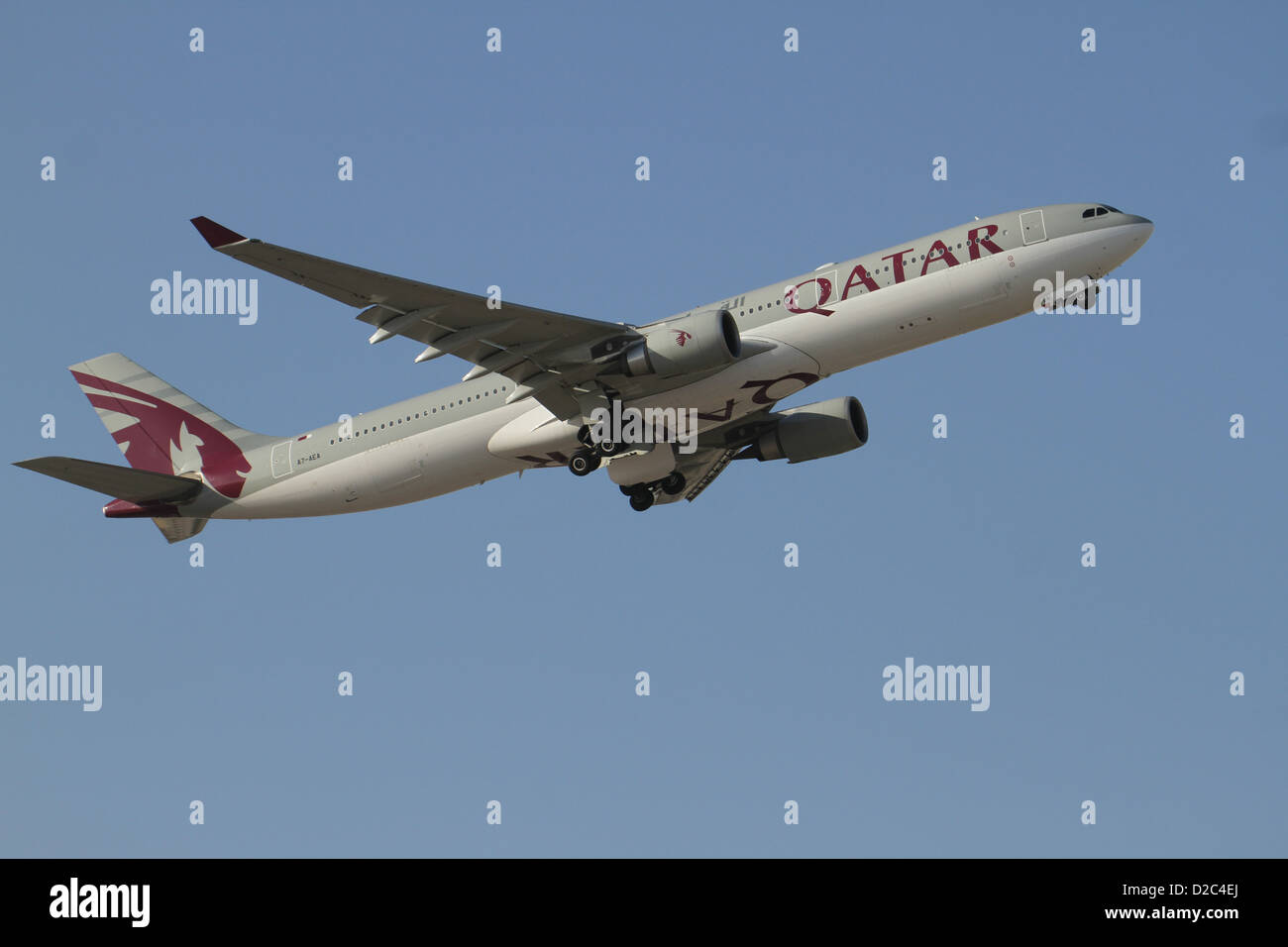 Doha, Qatar - 29 December 2012: A Qatar Airways jet seen at take off ...