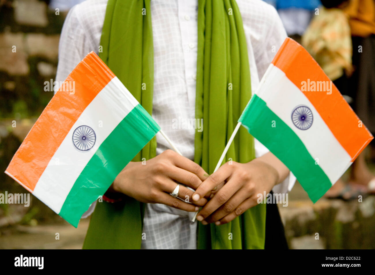 Boy Holding Two Indian Tri-Color, Flags At Independence Day Celebration ...