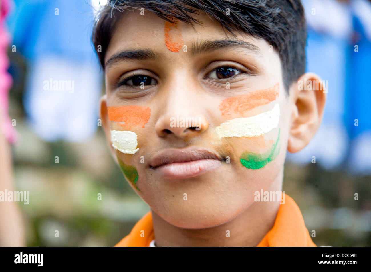 School Boy Indian Tri-Color Flag Painted On His Face For Independence ...