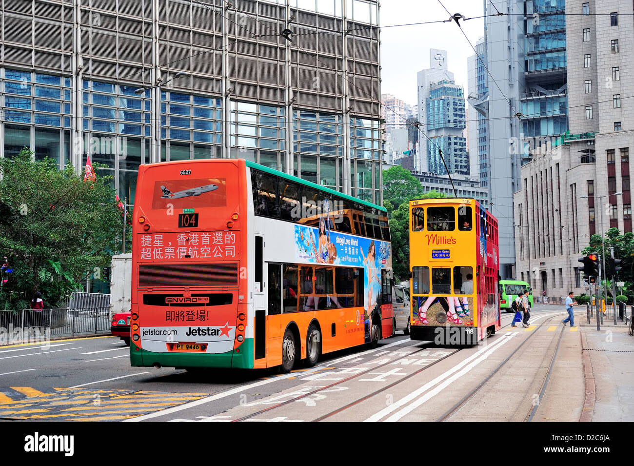 Double-deck bus with skyscrapers Stock Photo - Alamy