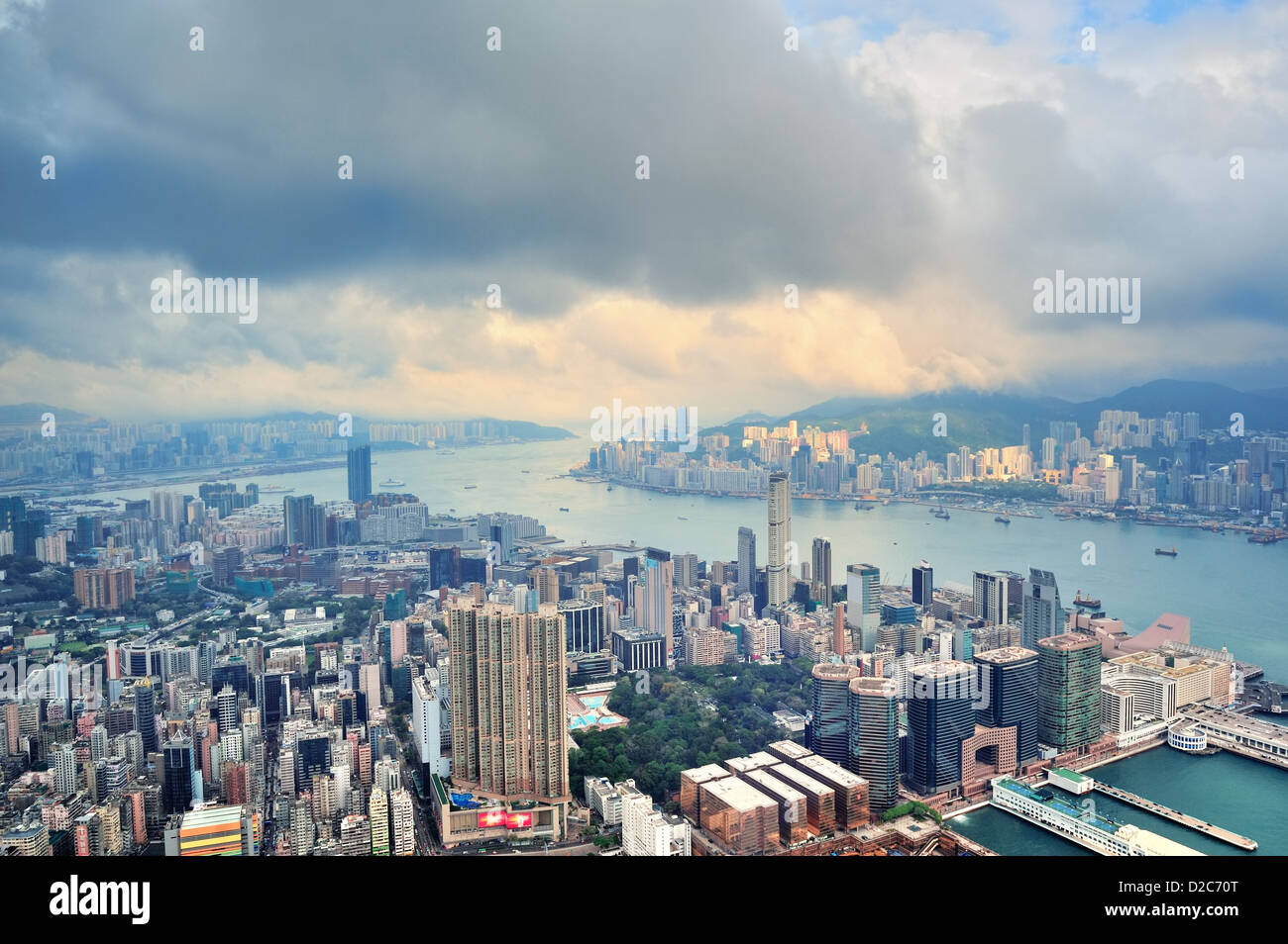Victoria Harbor aerial view and skyline in Hong Kong with urban ...