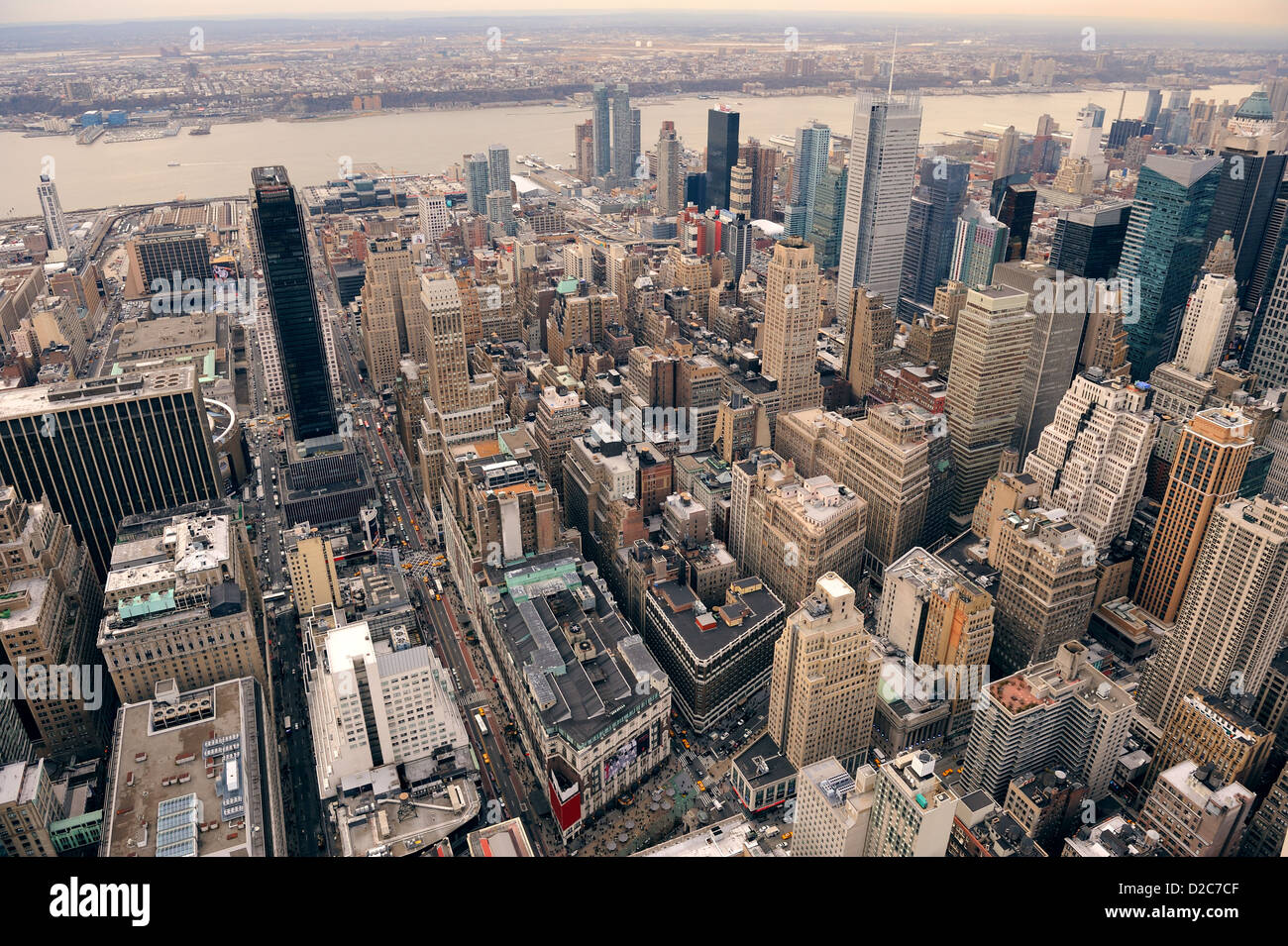 New York City Manhattan street aerial view with skyscrapers, pedestrian ...