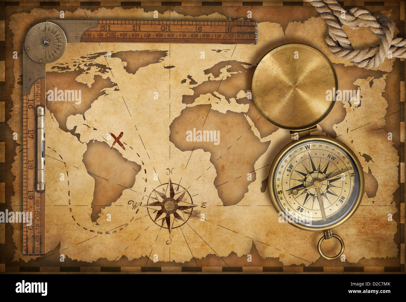 aged treasure map, ruler, rope and old brass compass with lid Stock ...