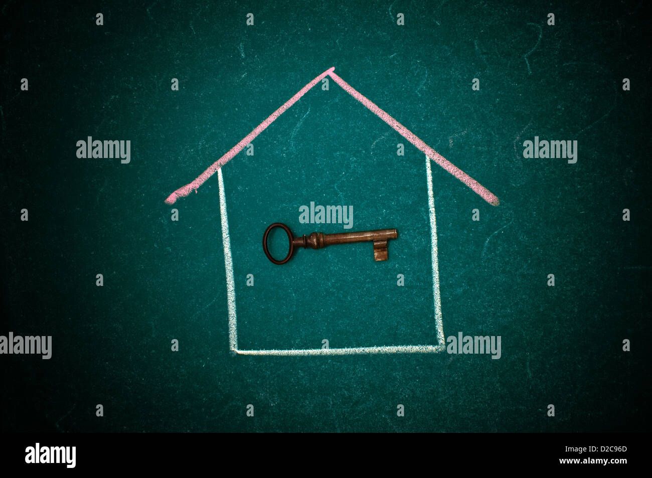 Drawing of a house and a vintage key on a green chalkboard Stock Photo ...