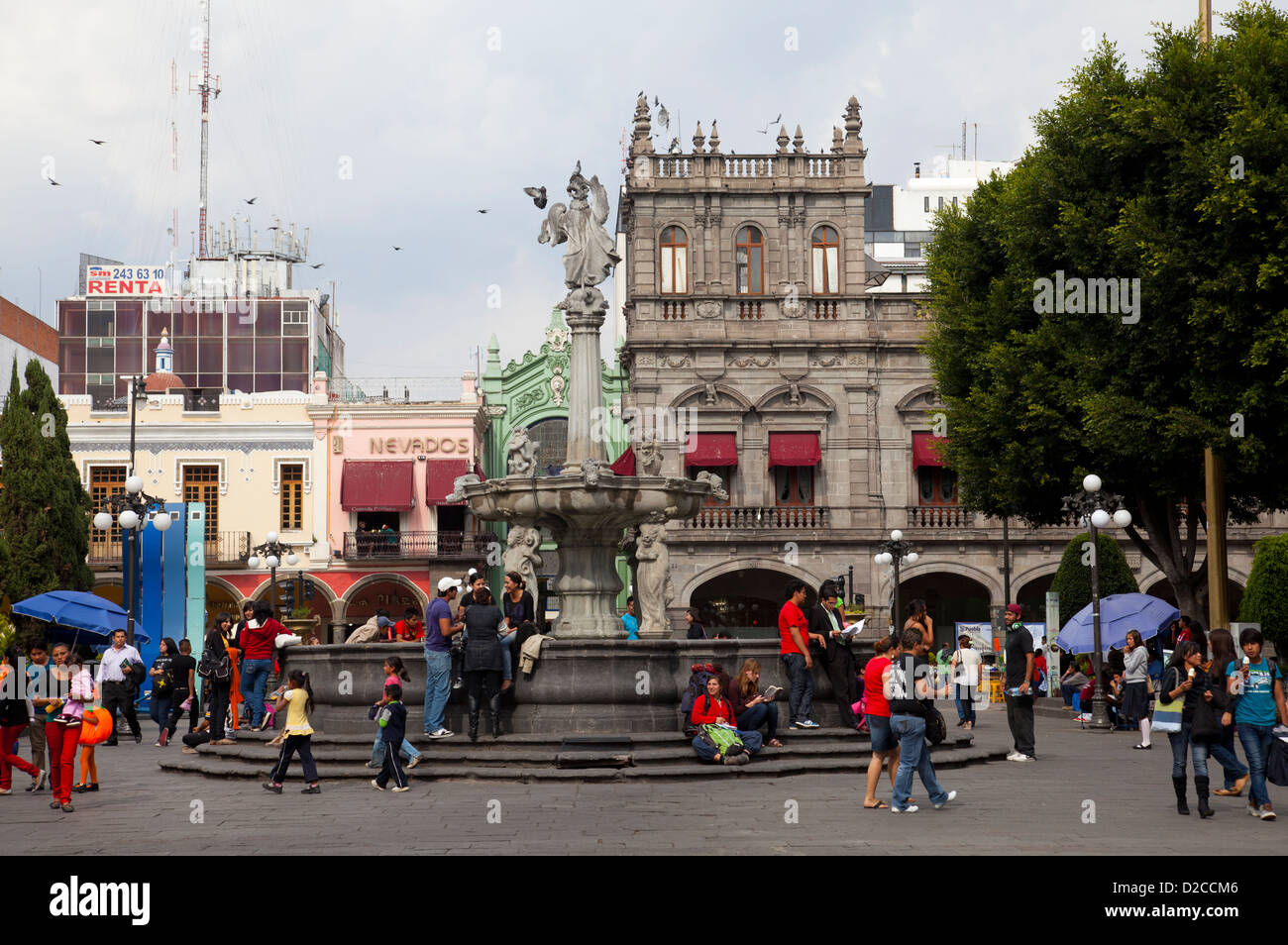 Zocalo - Central square with Arcangel Michael Fountain in Puebla town ...
