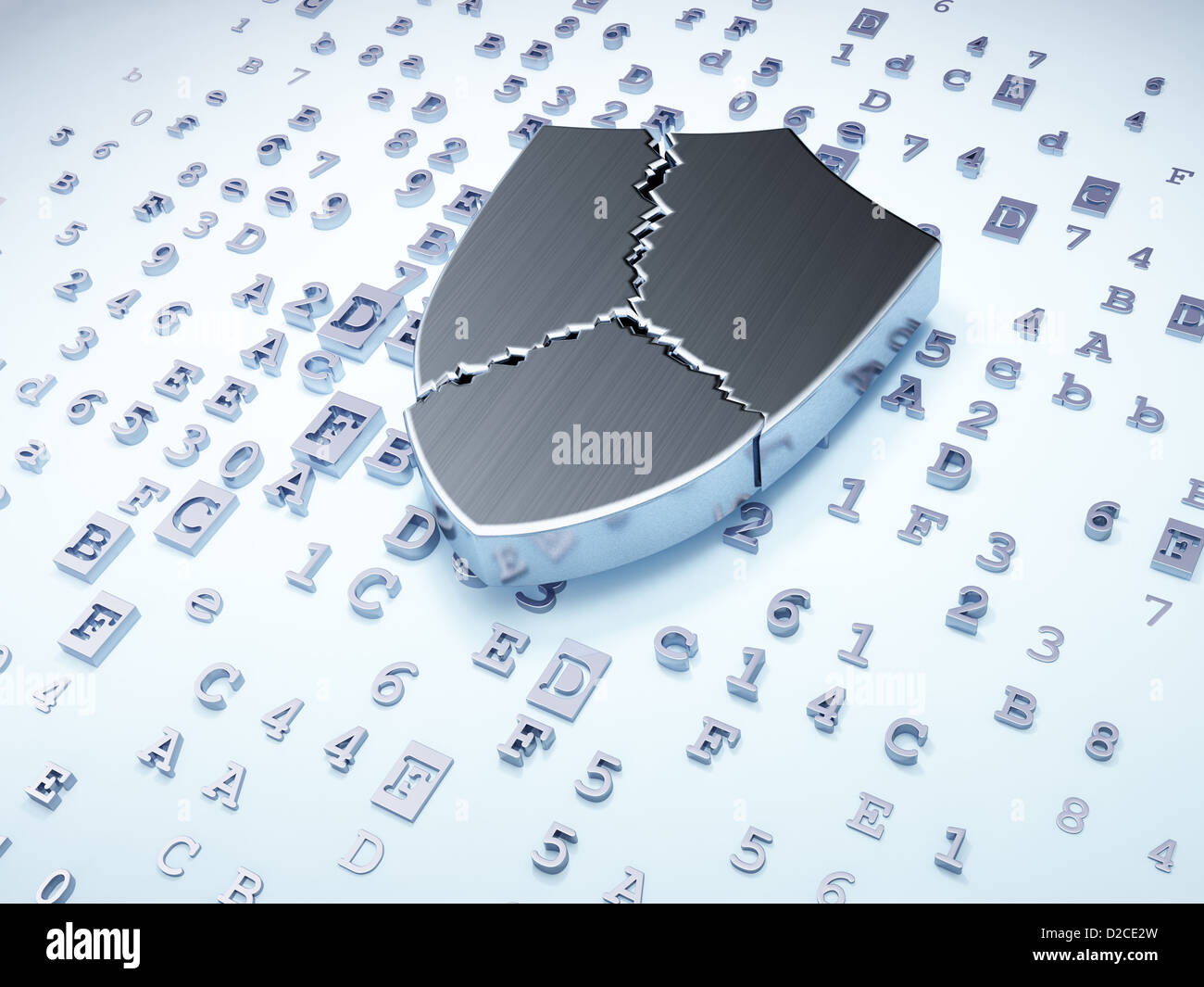 Security concept: silver broken shield on digital background, 3d render ...