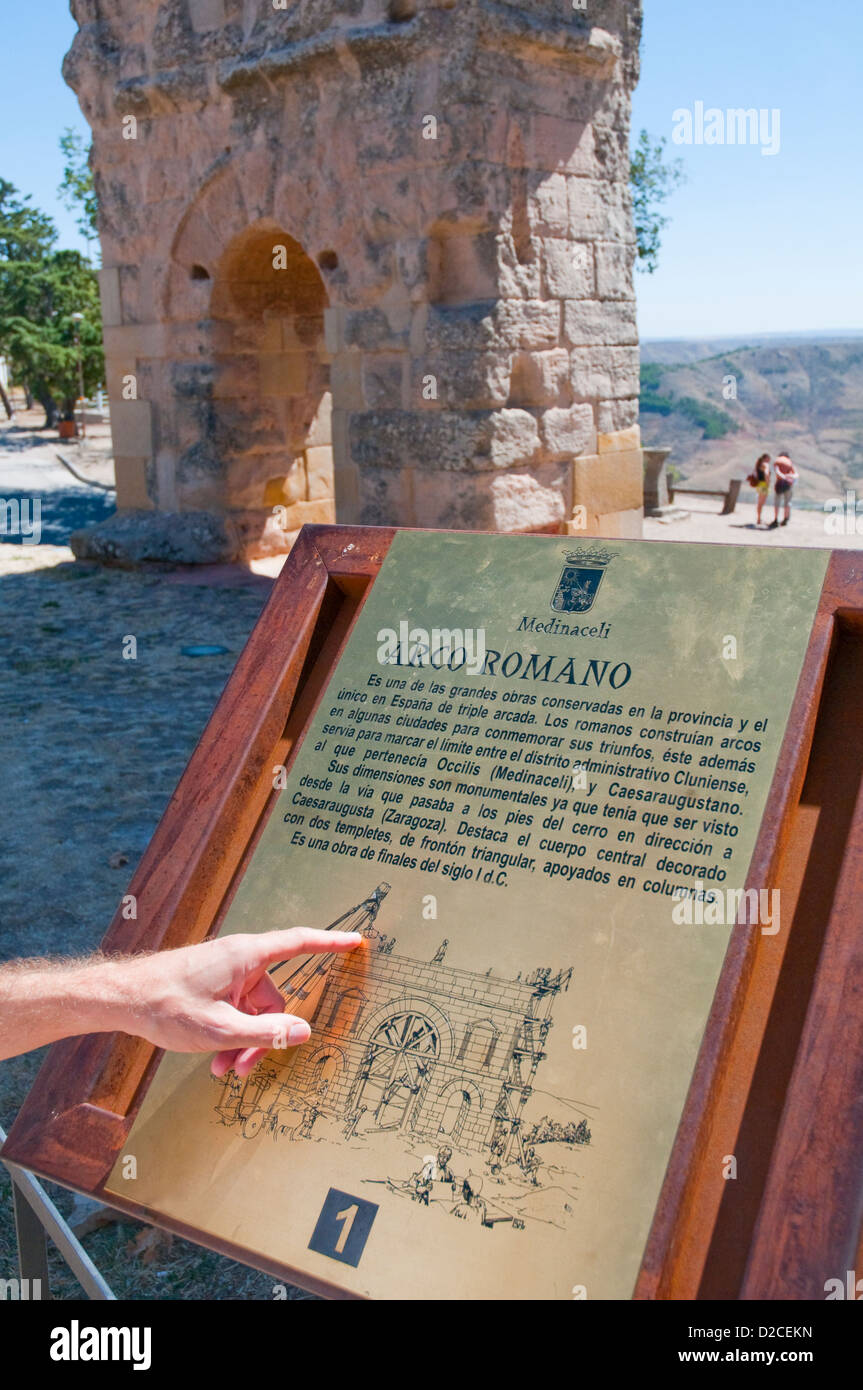 Man's hand pointing at tourist information about the Roman arch ...